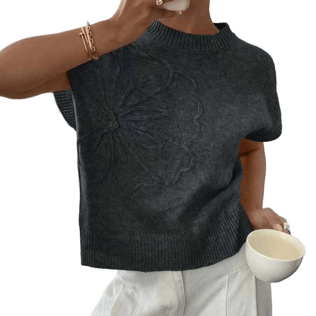 Aellinatey Women's Sweater Vest with Floral Jacquard Cap Sleeve Knit ...
