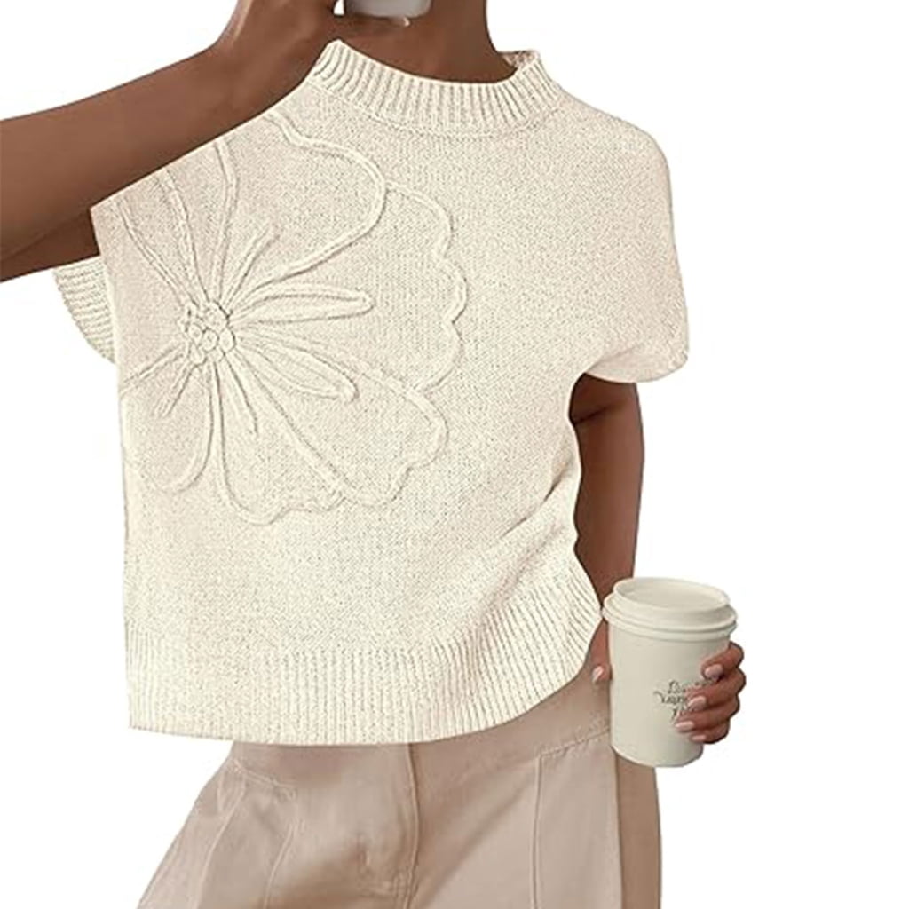 Aellinatey Women's Sweater Vest with Floral Jacquard Cap Sleeve Knit ...