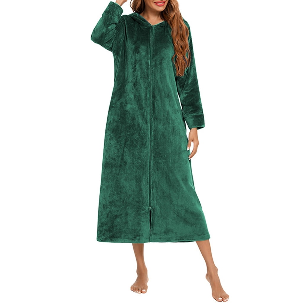 Aellinatey Women's Thickened Polar Fleece Hooded Long Nightgown ...