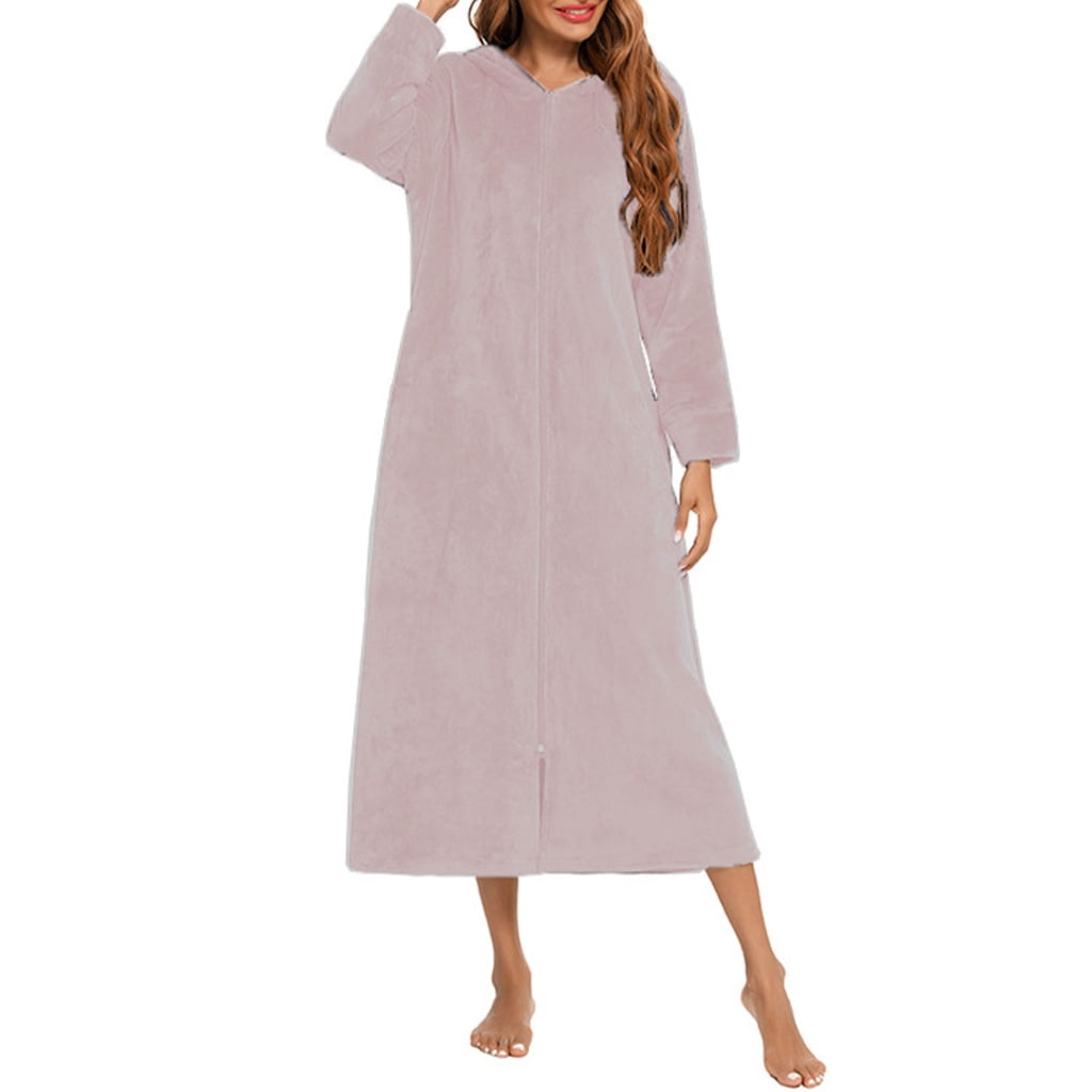 Aellinatey Women's Thickened Polar Fleece Hooded Long Nightgown ...