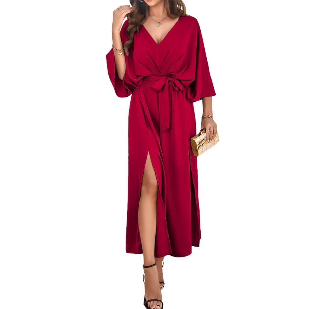 Aellinatey Women's V Neck Backless Solid Color Casual Elegant Leg Slit ...