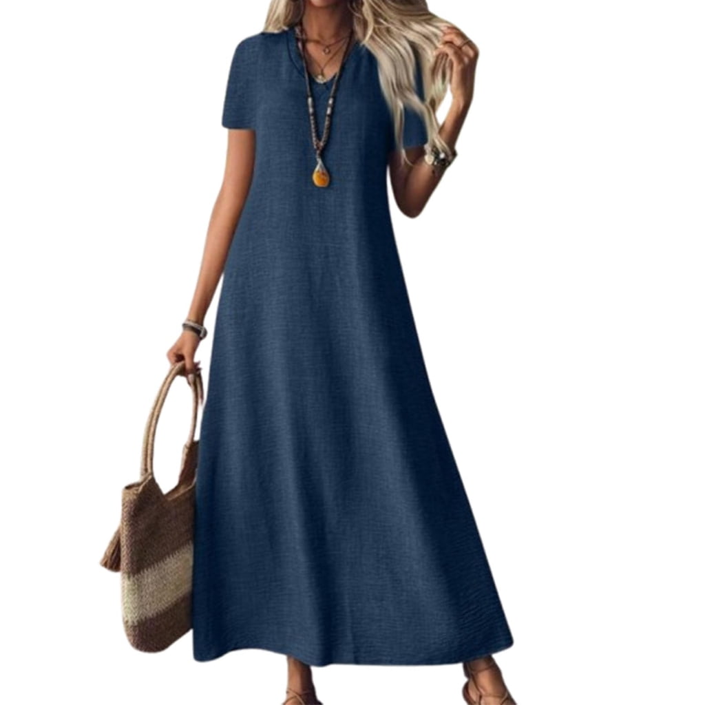 Aellinatey Women's V Neck Short Sleeve Long Dress Casual Summer Beach ...
