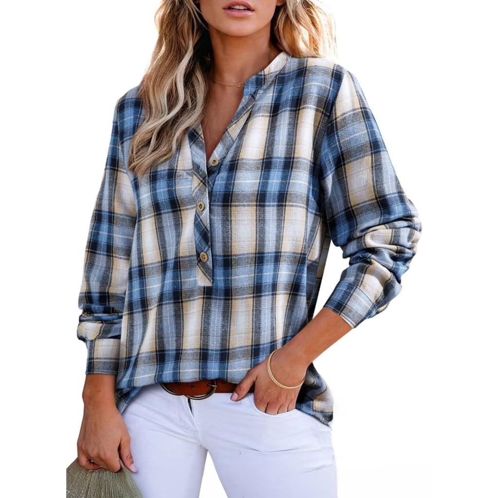 Aellinatey Women's V-neck Shirt Flannel Casual Shirt Button-down Collar ...