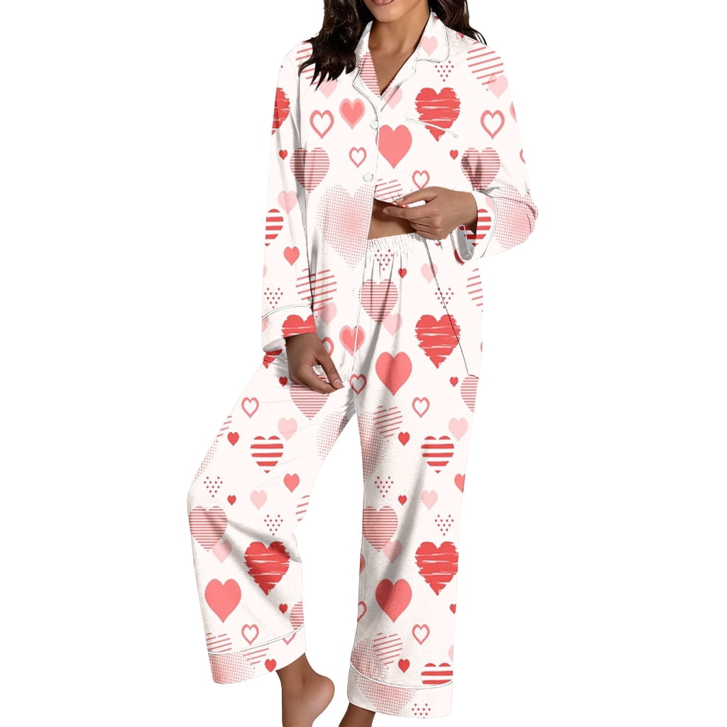 Aellinatey Women's Valentine's Day Pajama Set: Satin Heart Print Button ...