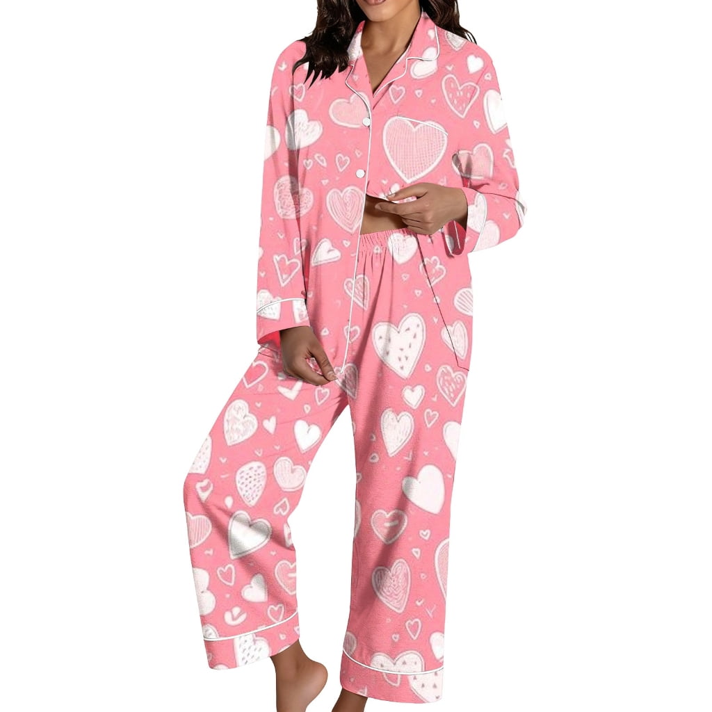 Aellinatey Women's Valentine's Day Pajama Set: Satin Heart Print Button ...