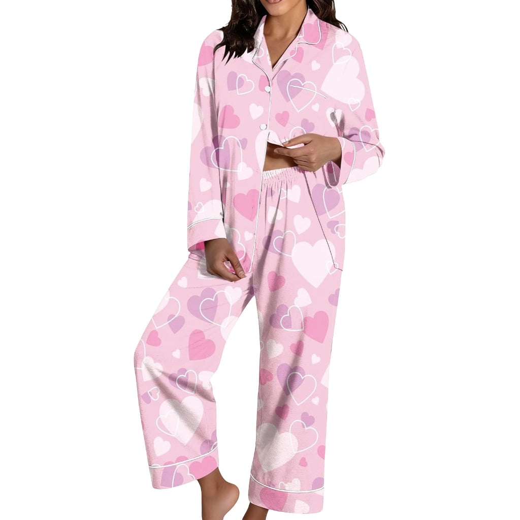 Aellinatey Women's Valentine's Day Pajama Set: Satin Heart Print Button ...