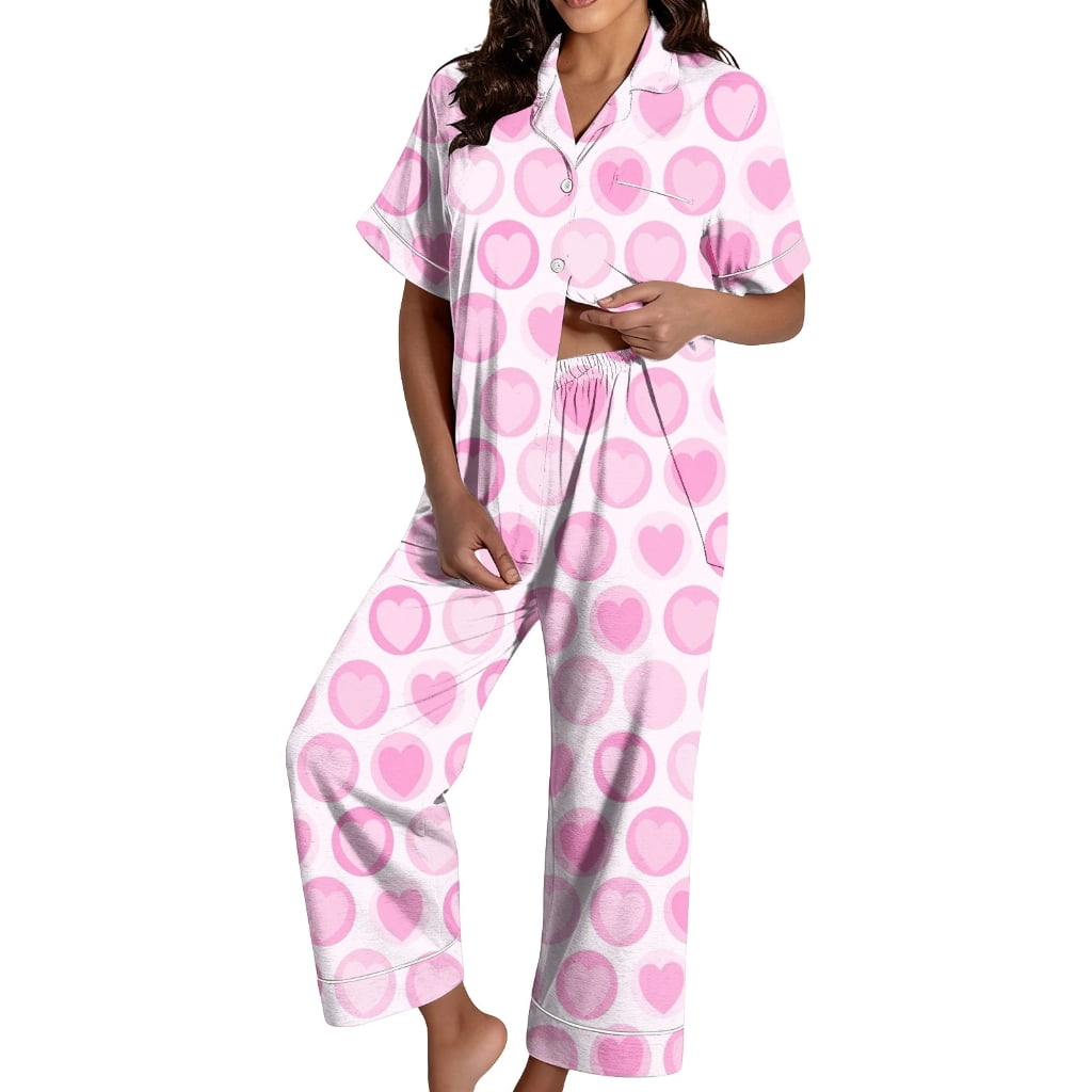 Aellinatey Women's Valentine's Day Pajama Set: Satin Heart Print Button ...