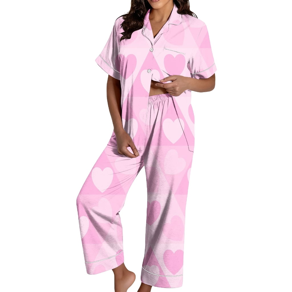 Aellinatey Women's Valentine's Day Pajama Set: Satin Heart Print Button ...