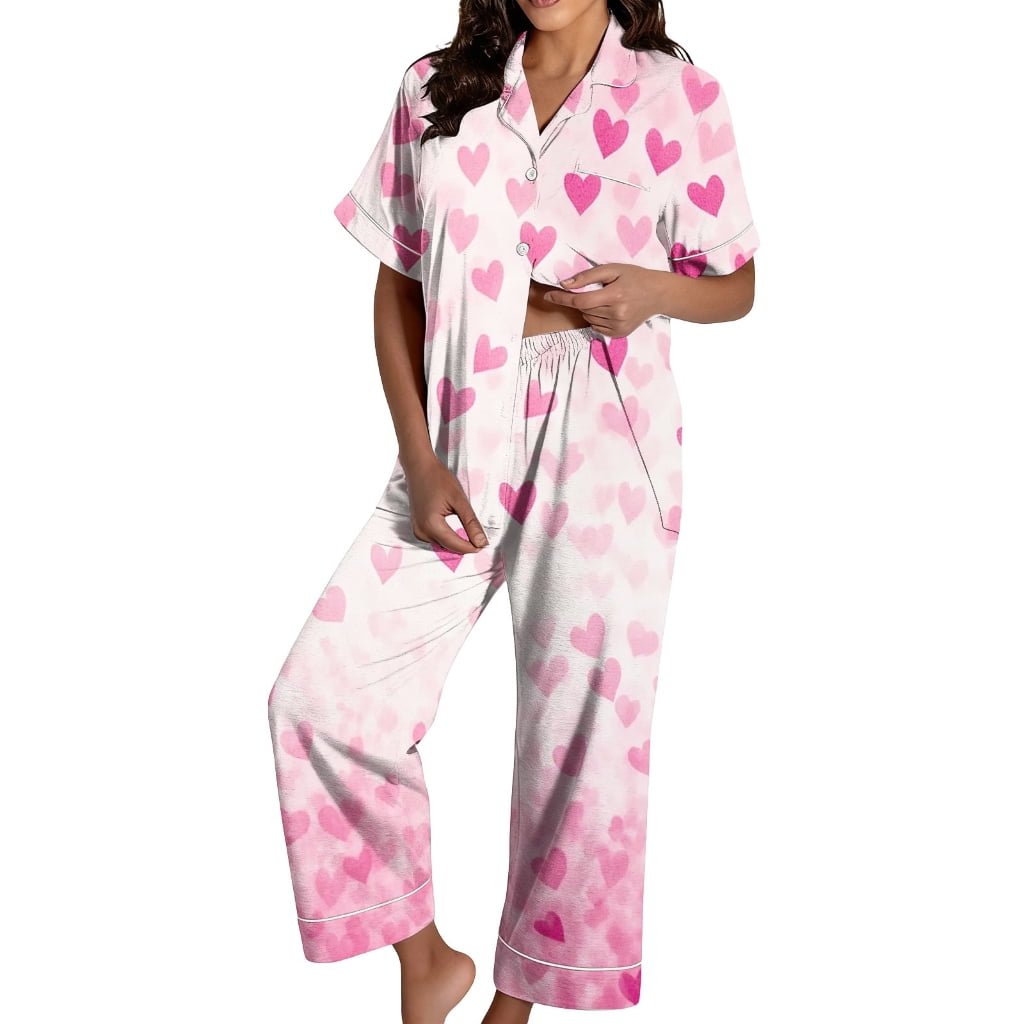 Aellinatey Women's Valentine's Day Pajama Set: Satin Heart Print Button ...