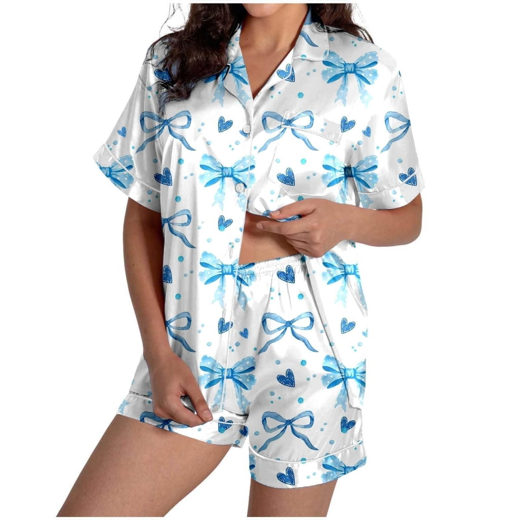 Aellinatey Women's Valentine's Day Pajama Set: Satin Heart Print Button ...