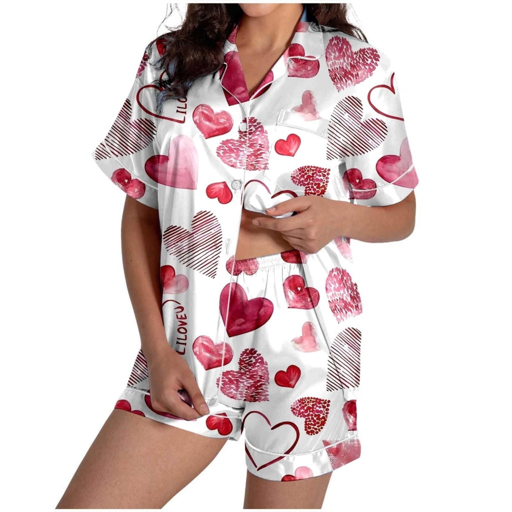 Aellinatey Women's Valentine's Day Pajama Set: Satin Heart Print Button ...