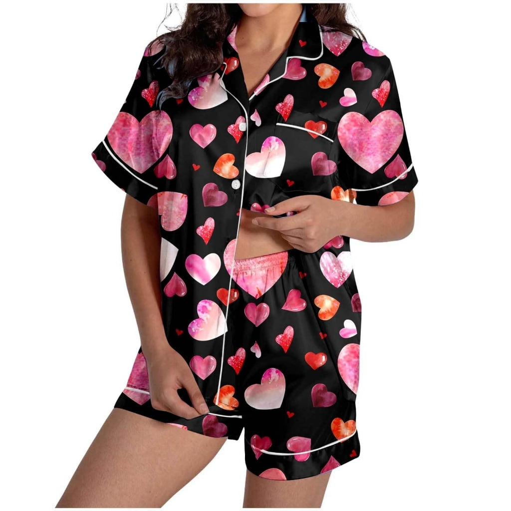 Aellinatey Women's Valentine's Day Pajama Set: Satin Heart Print Button ...