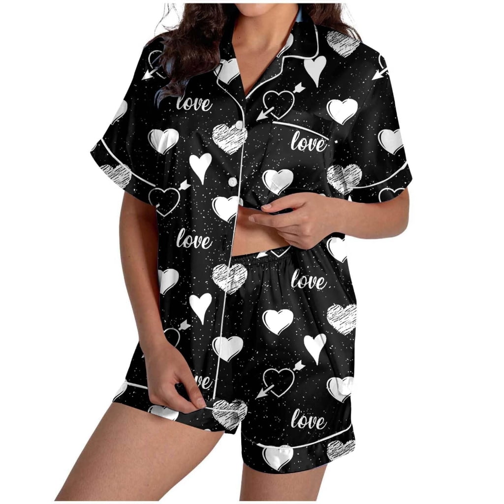 Aellinatey Women's Valentine's Day Pajama Set: Satin Heart Print Button ...