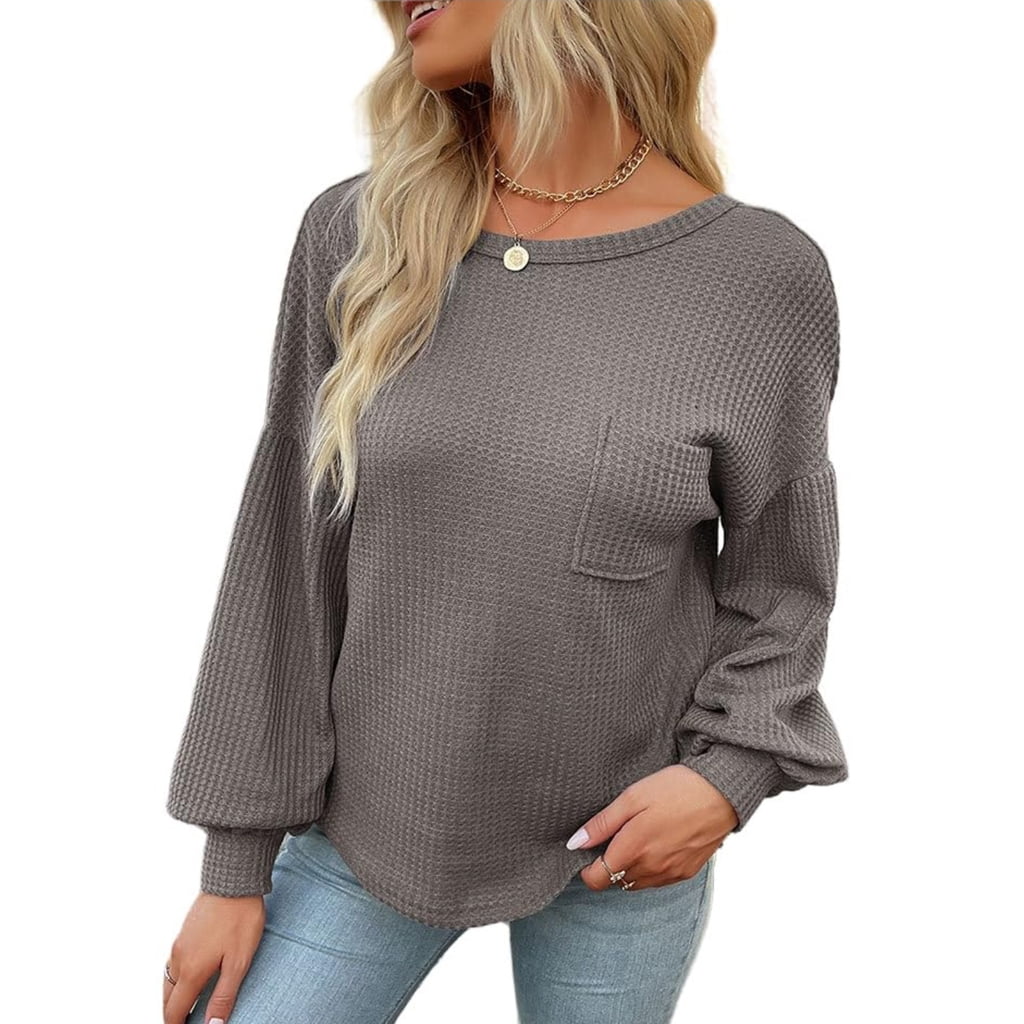 Aellinatey Women's Waffle Knit Open Back Sweater Long Lantern Sleeves ...
