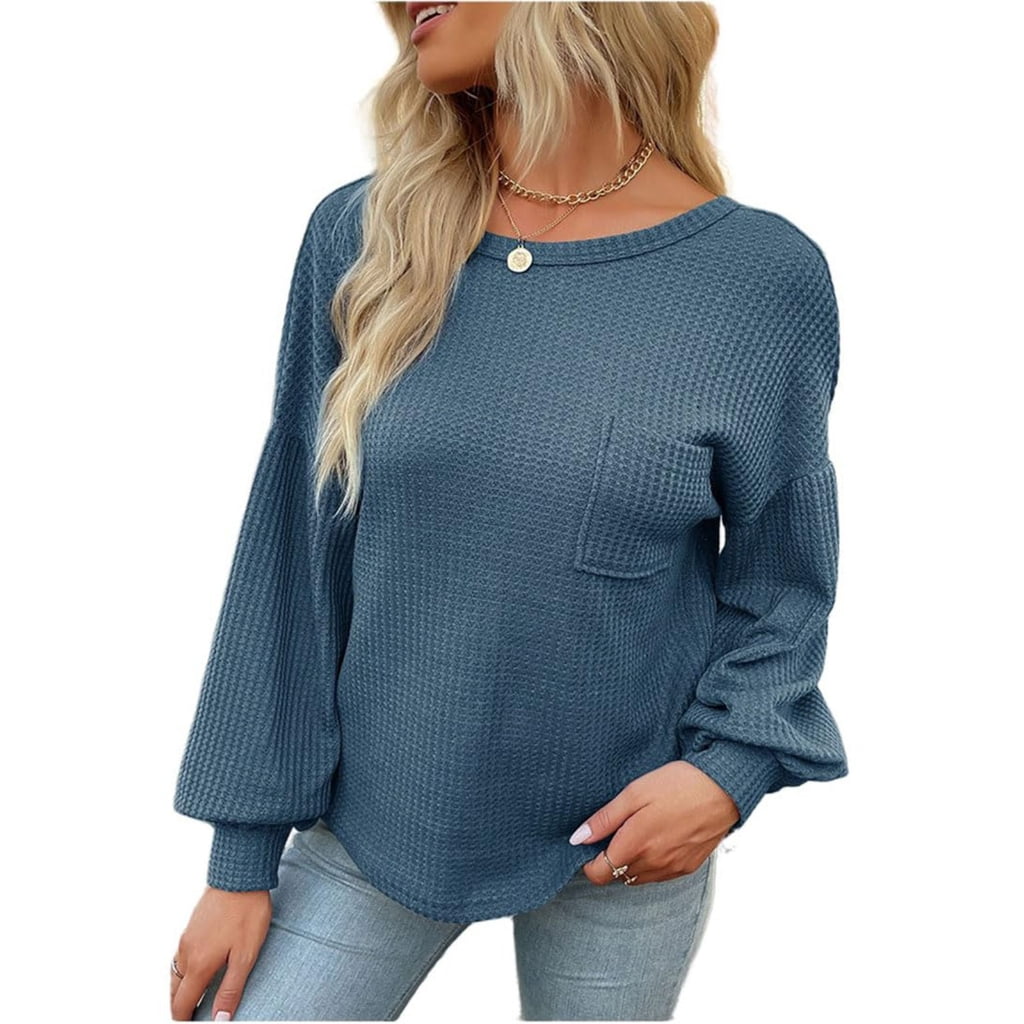 Aellinatey Women's Waffle Knit Open Back Sweater Long Lantern Sleeves ...