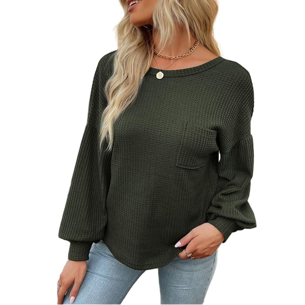 Aellinatey Women's Waffle Knit Open Back Sweater Long Lantern Sleeves ...