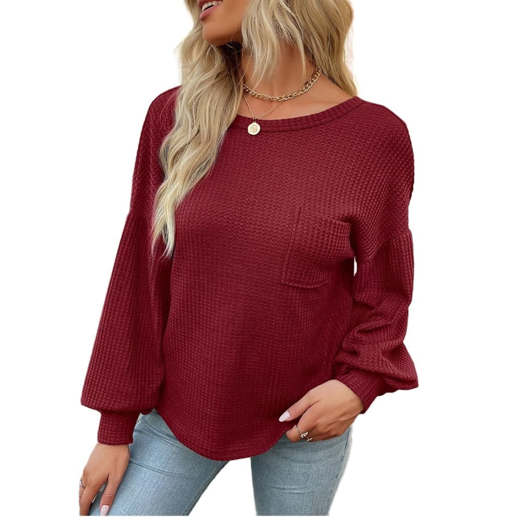 Aellinatey Women's Waffle Knit Open Back Sweater Long Lantern Sleeves ...