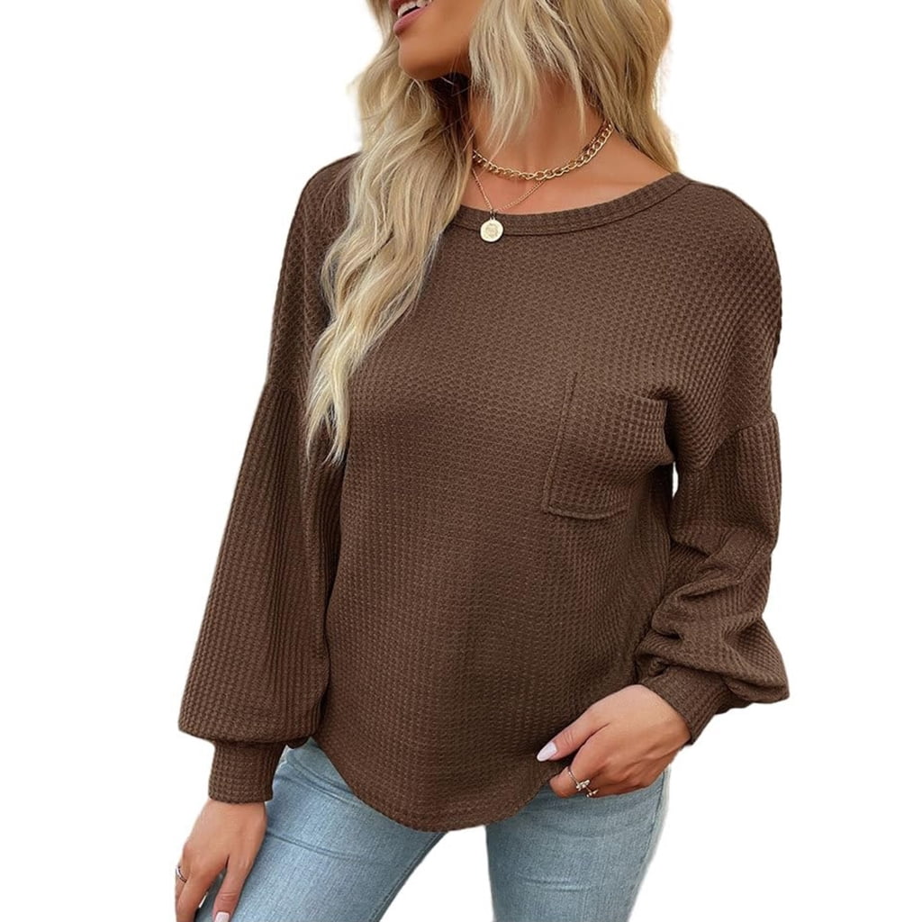 Aellinatey Women's Waffle Knit Open Back Sweater Long Lantern Sleeves ...