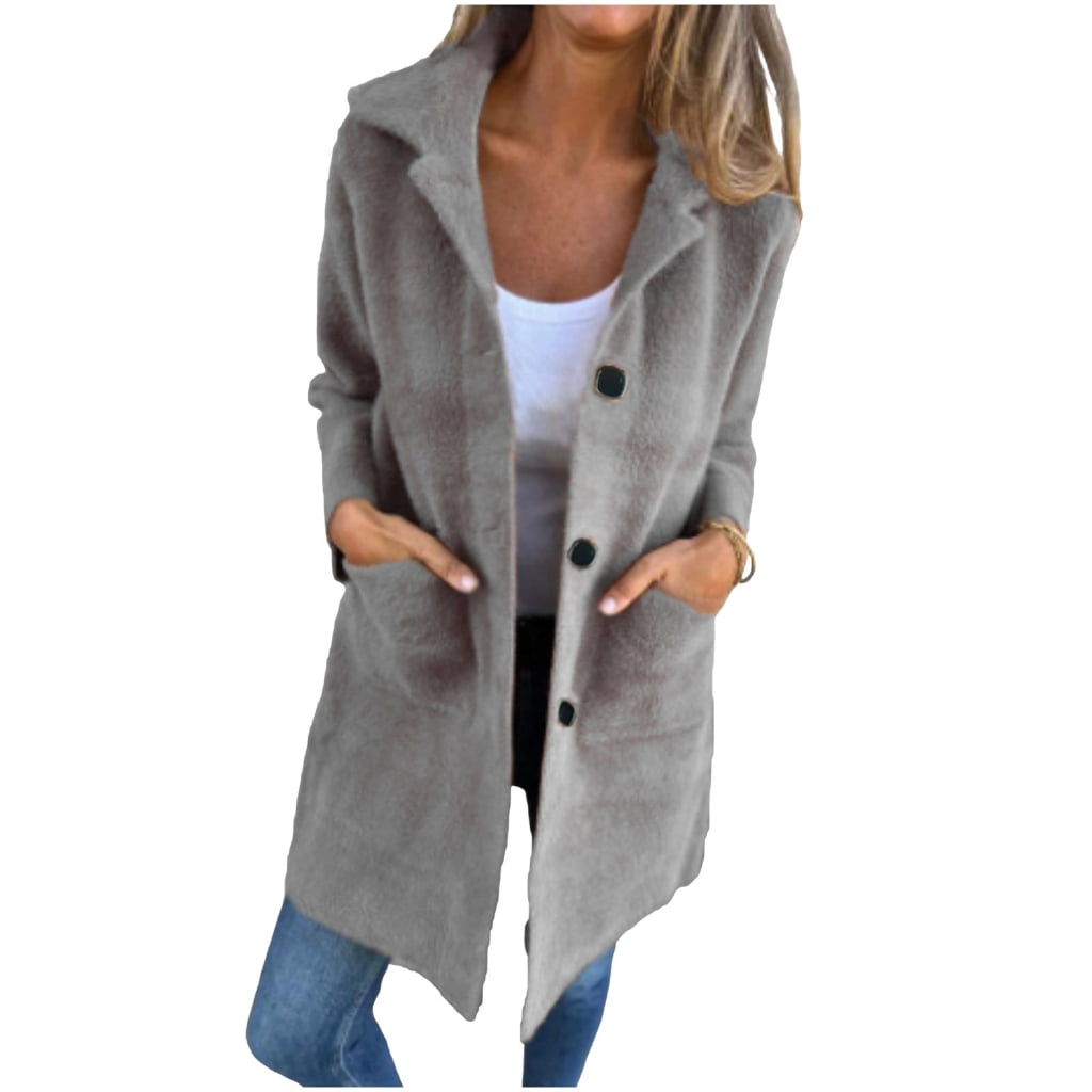 Aellinatey Women’s Winter Cozy Fuzzy Mid Coat Casual Long Sleeve Button ...