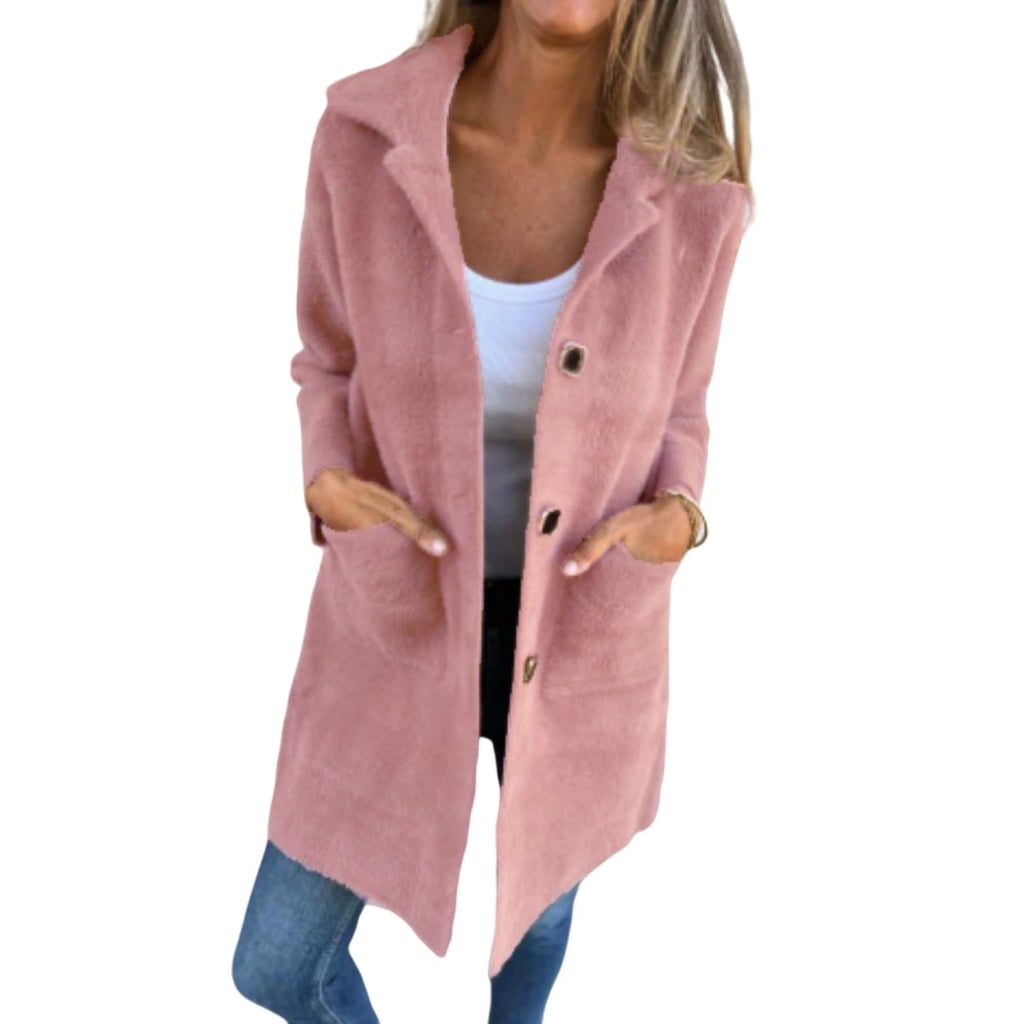 Aellinatey Women’s Winter Cozy Fuzzy Mid Coat Casual Long Sleeve Button ...