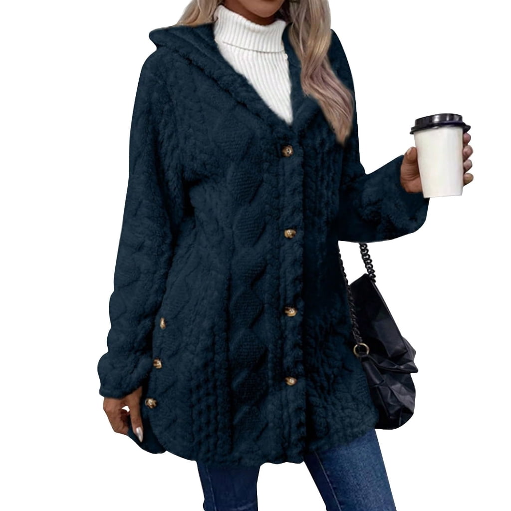 Aellinatey Women's Wool Jacket Button-Down Jacket Hooded Side-Open ...