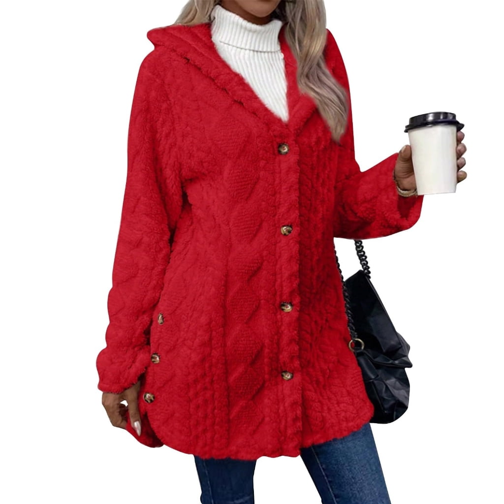 Aellinatey Women's Wool Jacket Button-Down Jacket Hooded Side-Open ...