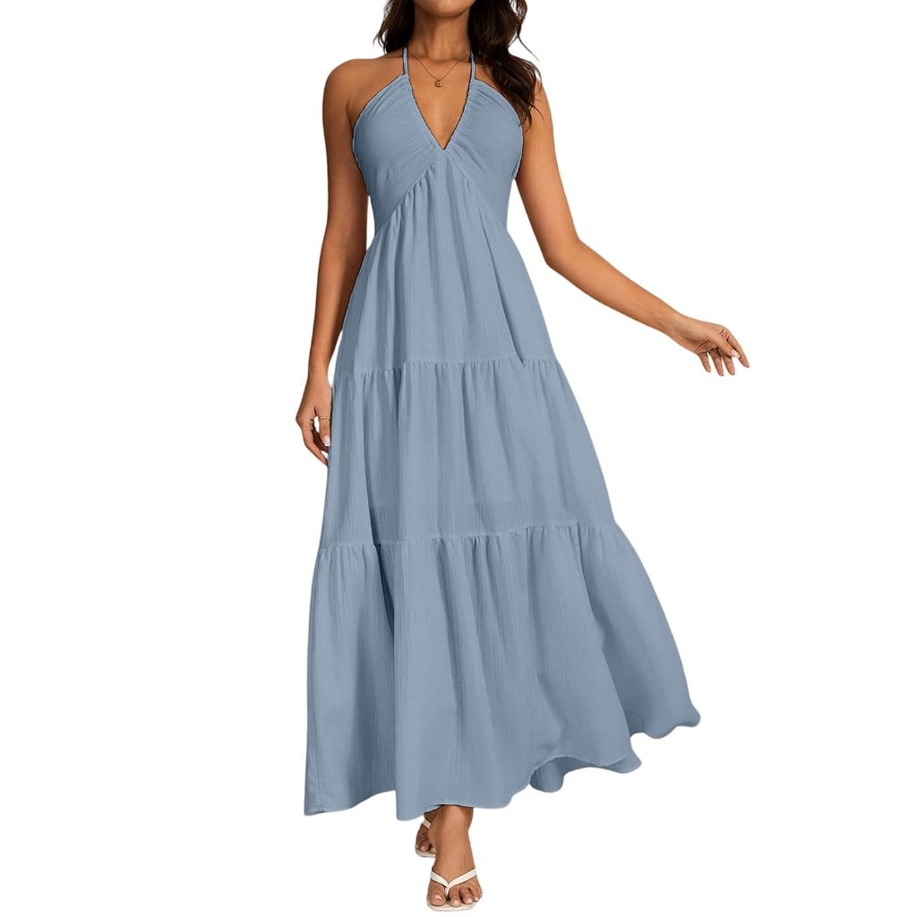Aellinatey Women's backless halter dress, deep V-neck long dress, A ...