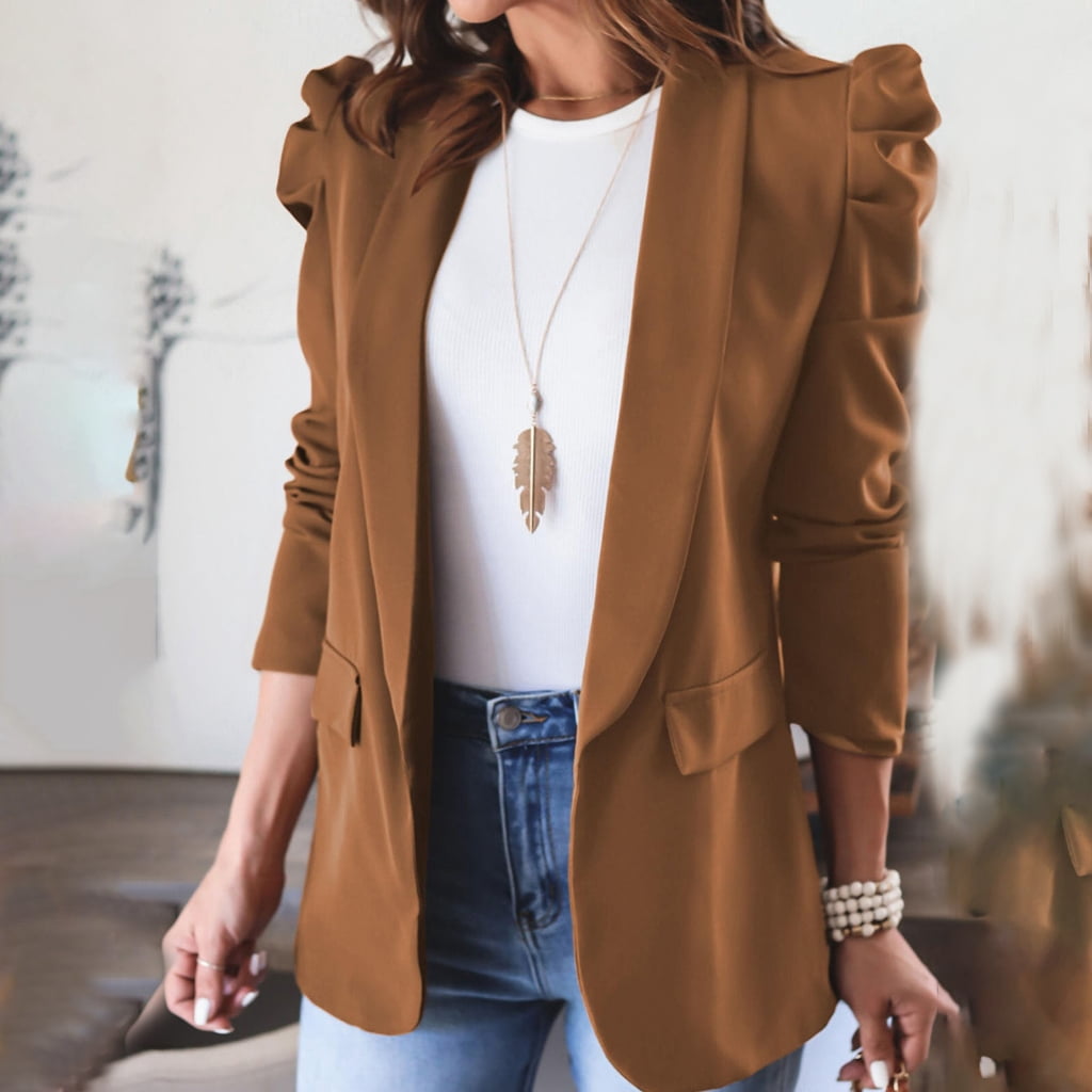Aellinatey Women's casual blazer, puff-sleeved lapel cardigan work suit ...