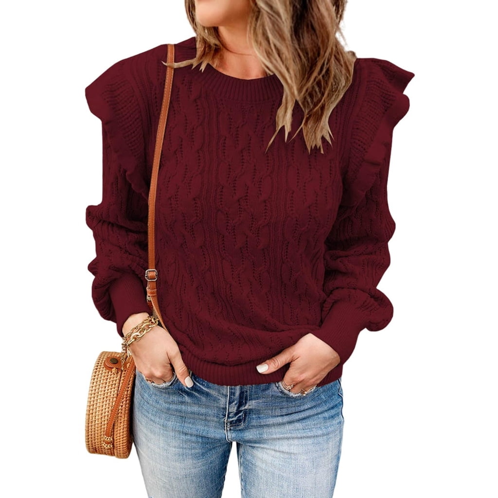 Aellinatey Women's casual round neck long-sleeved ruffled warm sweater ...
