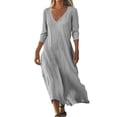 Aellinatey Women's cotton and linen dress, 3/4 long dress, V-neck ...