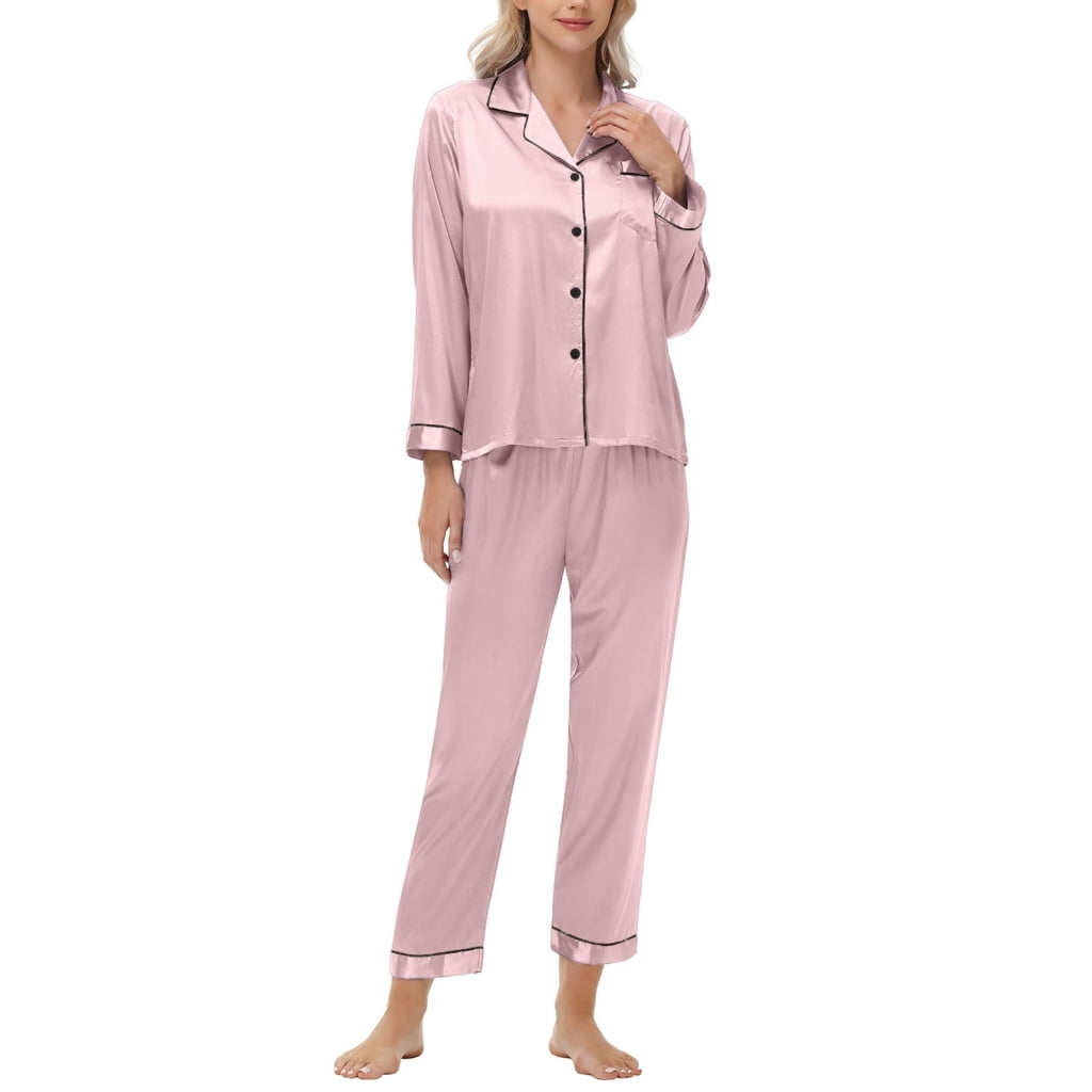 Aellinatey Women's imitation silk long-sleeved button pajamas two-piece ...