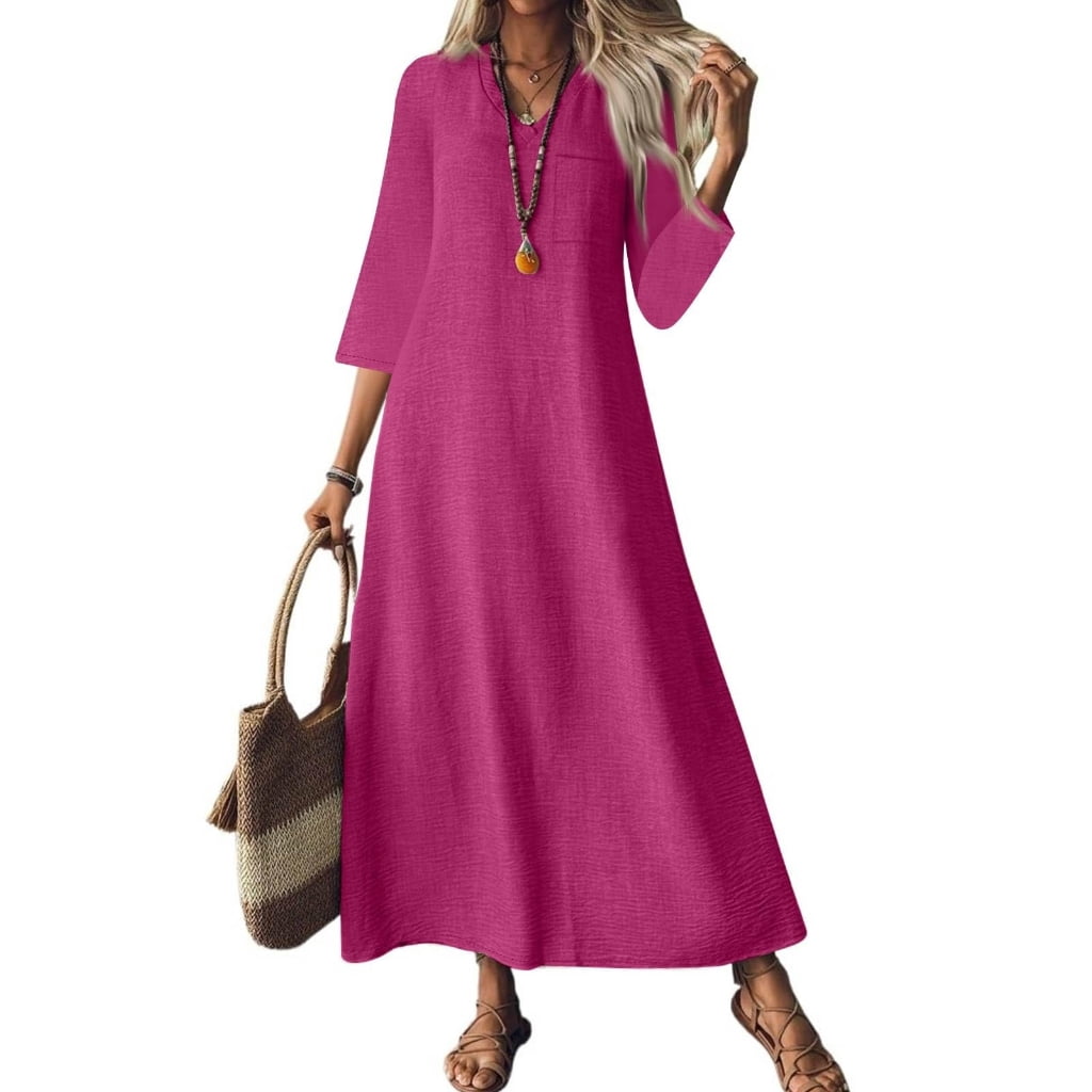 Aellinatey Women's linen V-neck long dress with three-quarter sleeves ...