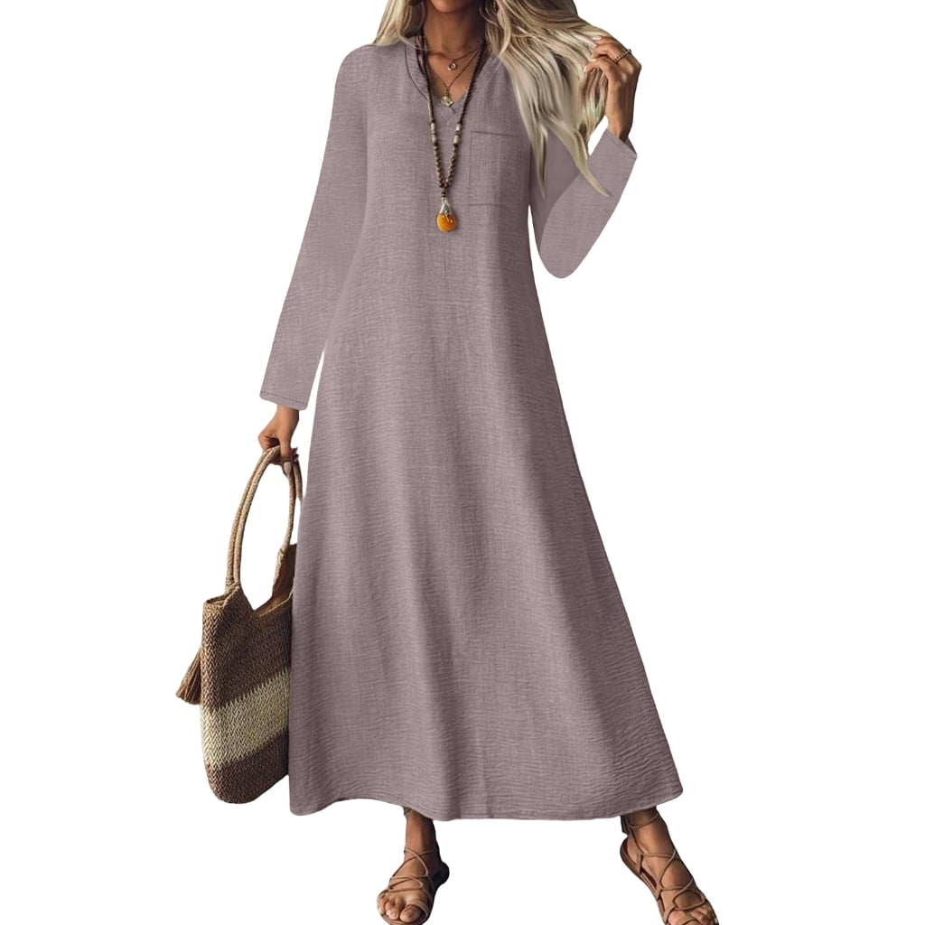 Aellinatey Women's long cotton and linen dress, casual long-sleeved ...