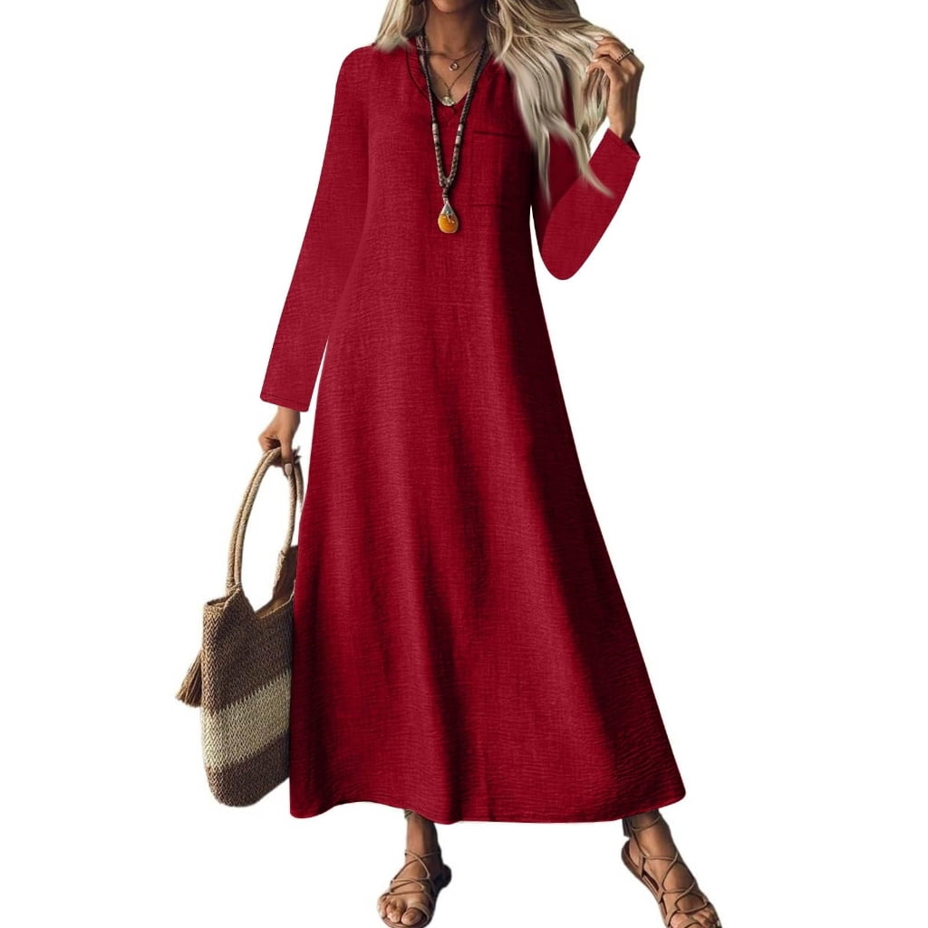 Aellinatey Women's long cotton and linen dress, casual long-sleeved ...