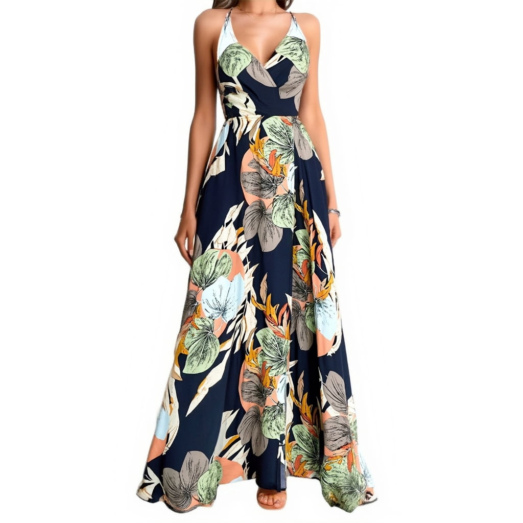 Aellinatey Women's long dress, Bohemian chiffon floral print V-neck ...