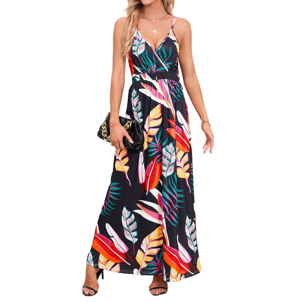 Aellinatey Women's long dress, Bohemian floral print V-neck long dress ...