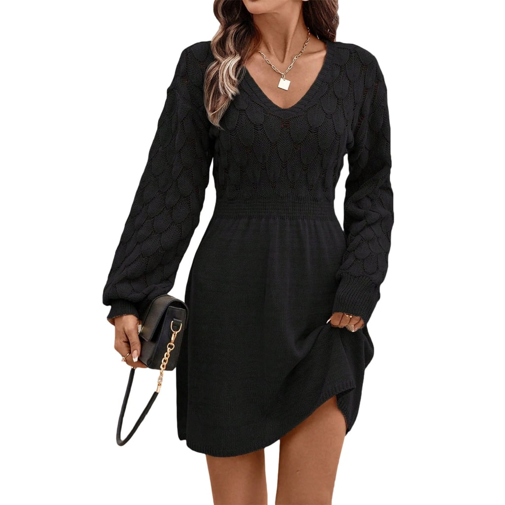 Aellinatey Women's long-sleeved V-neck solid color knit dress - Walmart.com