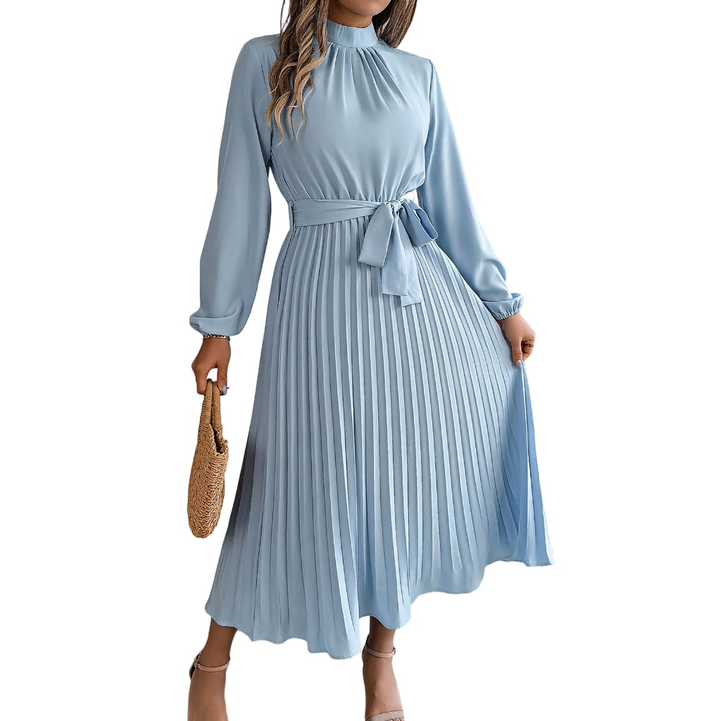 Aellinatey Women's long-sleeved pleated chiffon maxi dress with a high ...