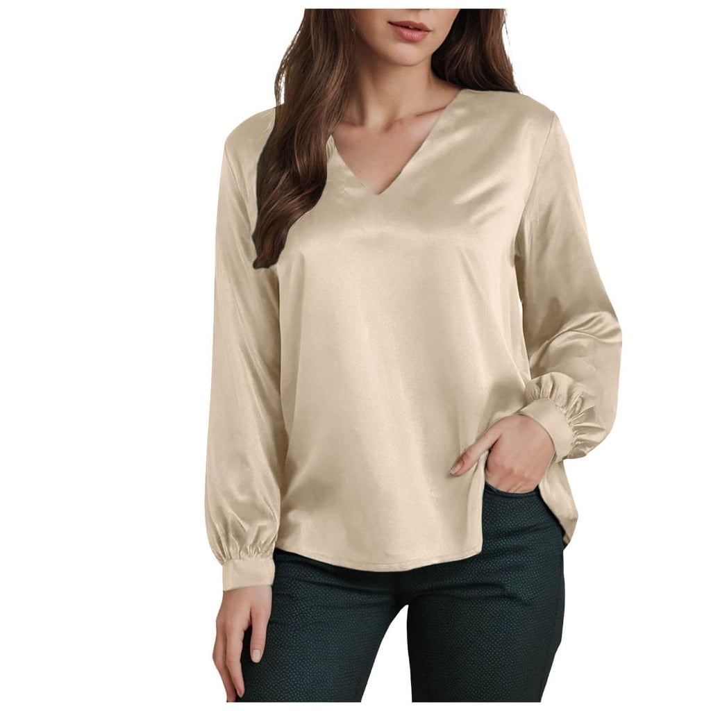 Aellinatey Women's satin pleated long-sleeved shirt, silk button-down ...