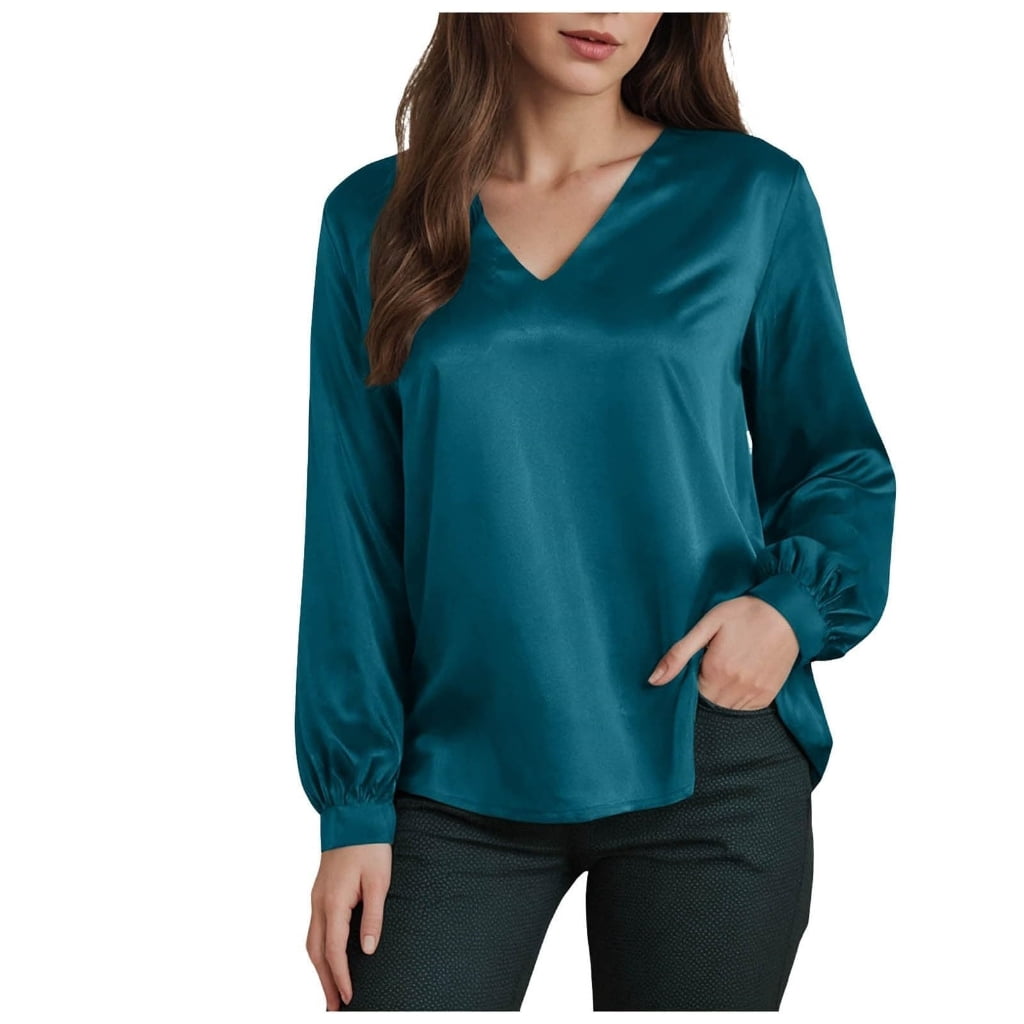 Aellinatey Women's satin pleated long-sleeved shirt, silk button-down ...