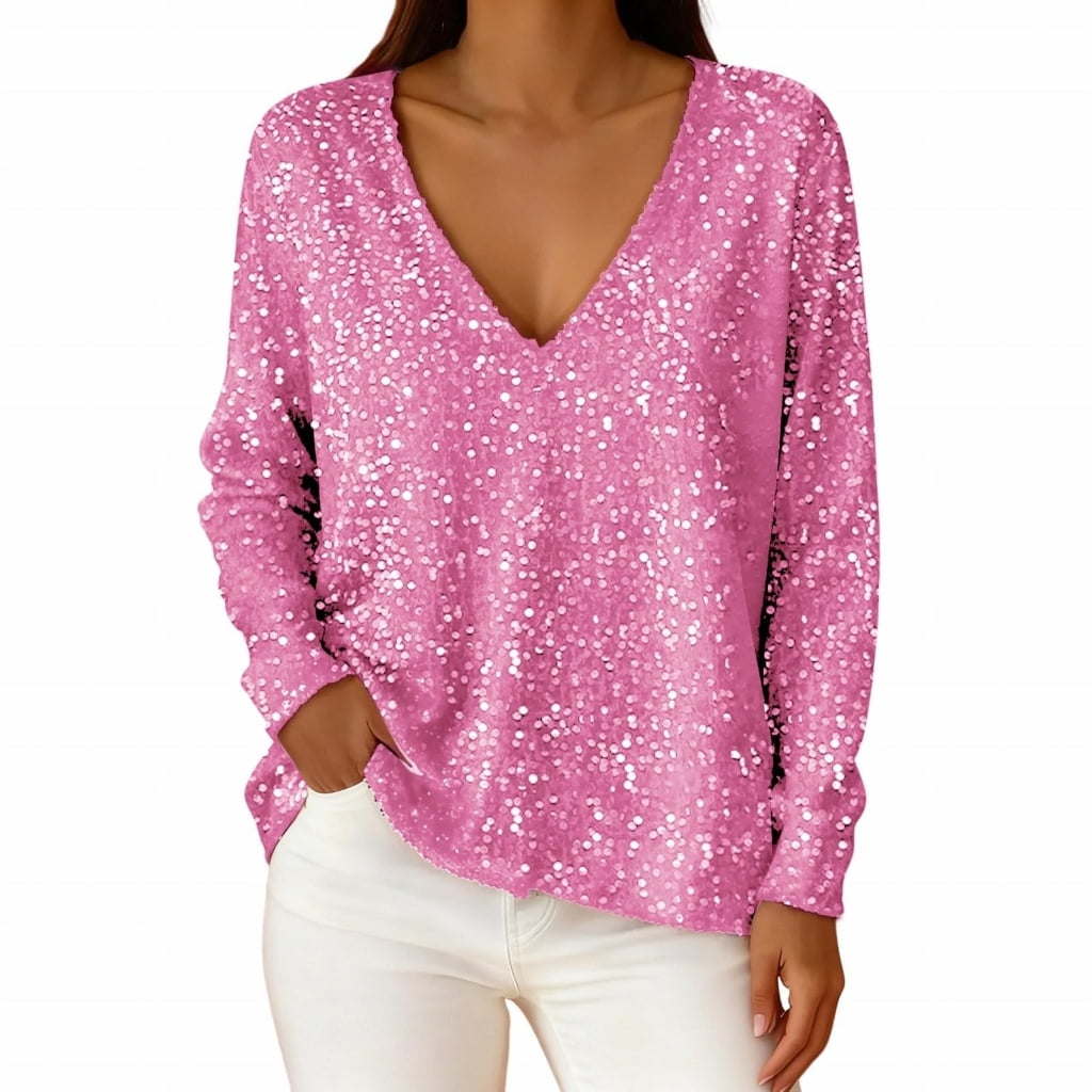 Aellinatey Women's sequined top, sparkling and elegant V-neck long ...