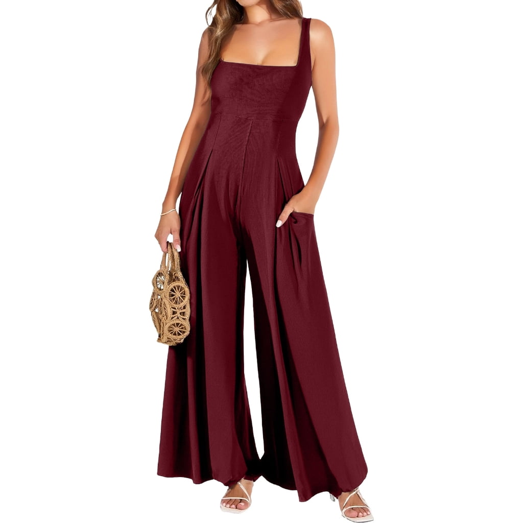 Aellinatey Women's sleeveless jumpsuit, elegant square neck wide-leg ...
