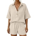 Aellinatey Women's two-piece linen shorts set, vacation , V-neck short ...