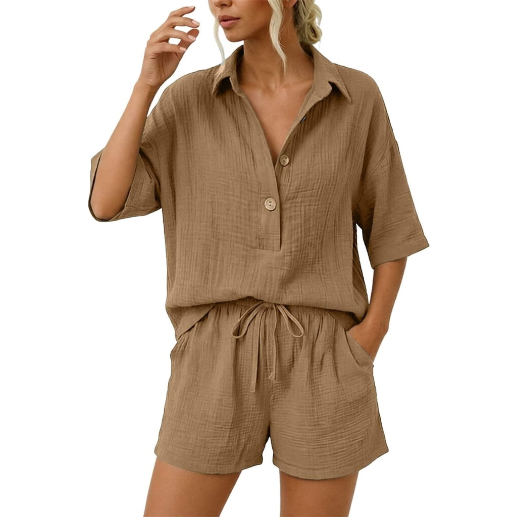 Aellinatey Women's two-piece linen shorts set, vacation , V-neck short ...