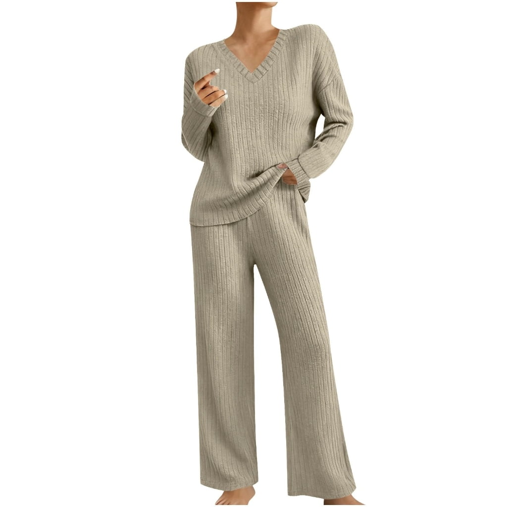 Aellinatey Women's two-piece ribbed knit long-sleeved pajama set ...