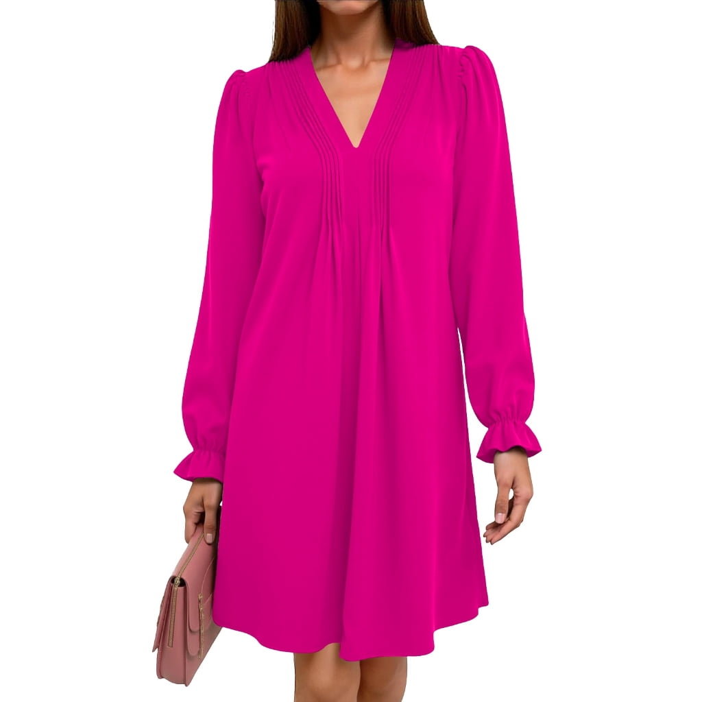 Aellinatey Womens Casual Dress A-Line Ruffle Sleeve V Neck Midi Dress ...
