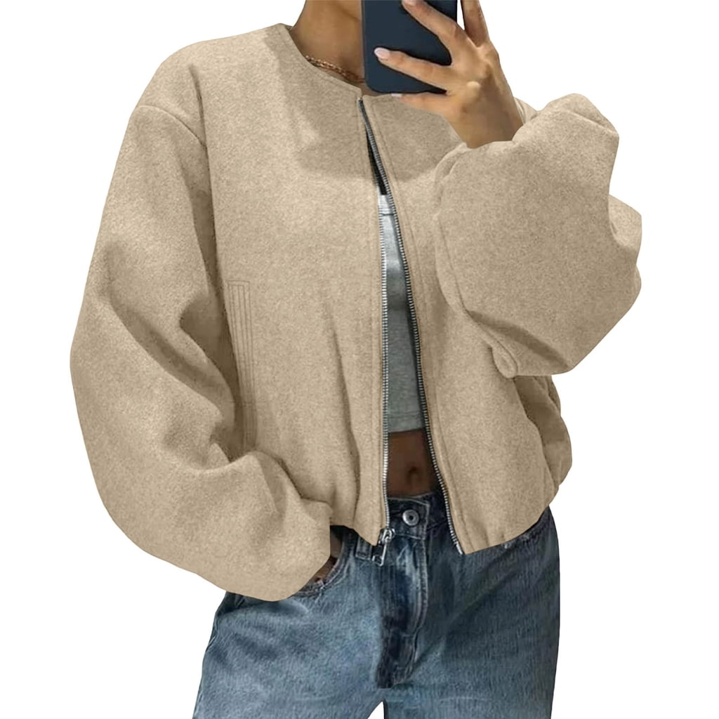 Aellinatey Womens Cropped Bomber Jacket Casual Zip Up Varsity Jackets ...