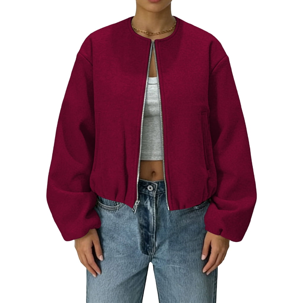 Aellinatey Womens Cropped Bomber Jacket Casual Zip Up Varsity Jackets ...