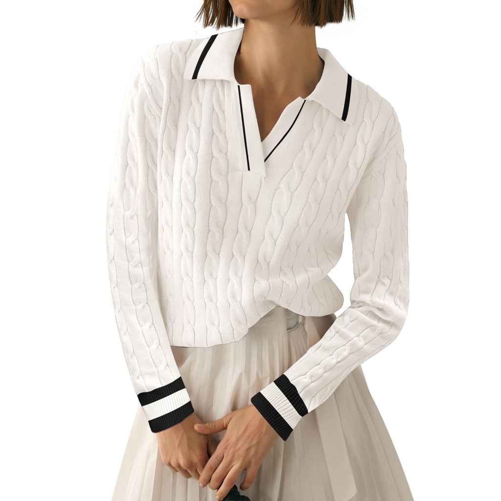 Aellinatey Womens Fall Long Sleeve Sweaters Lapel V Neck Cable Knitted ...