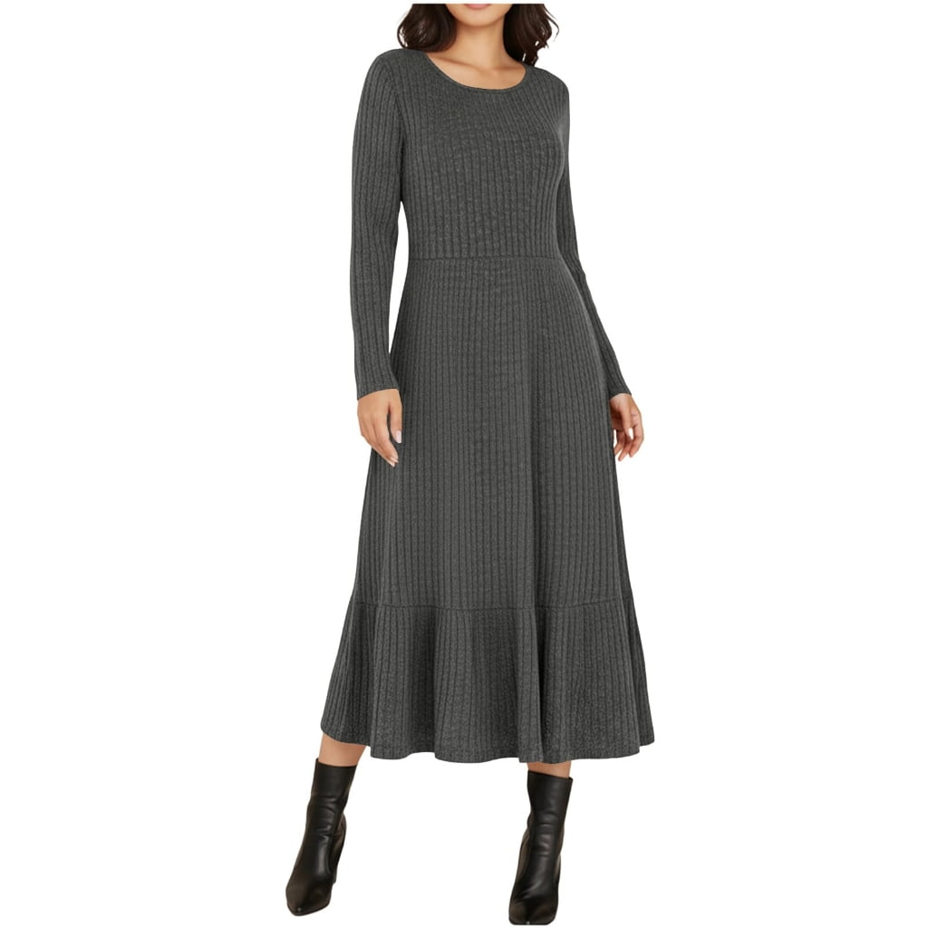 Aellinatey Womens Long Sleeve Dress Fall Rib Knit Round Neck A Line ...